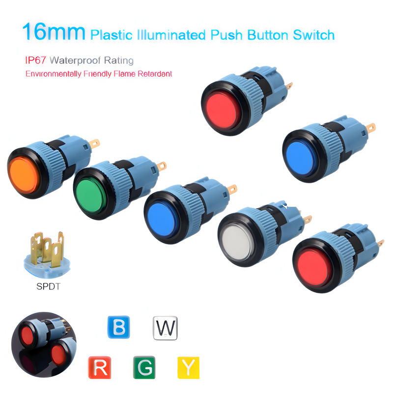 16mm Black Plastic Waterproof Push Button Switch LED Illuminated Self ...