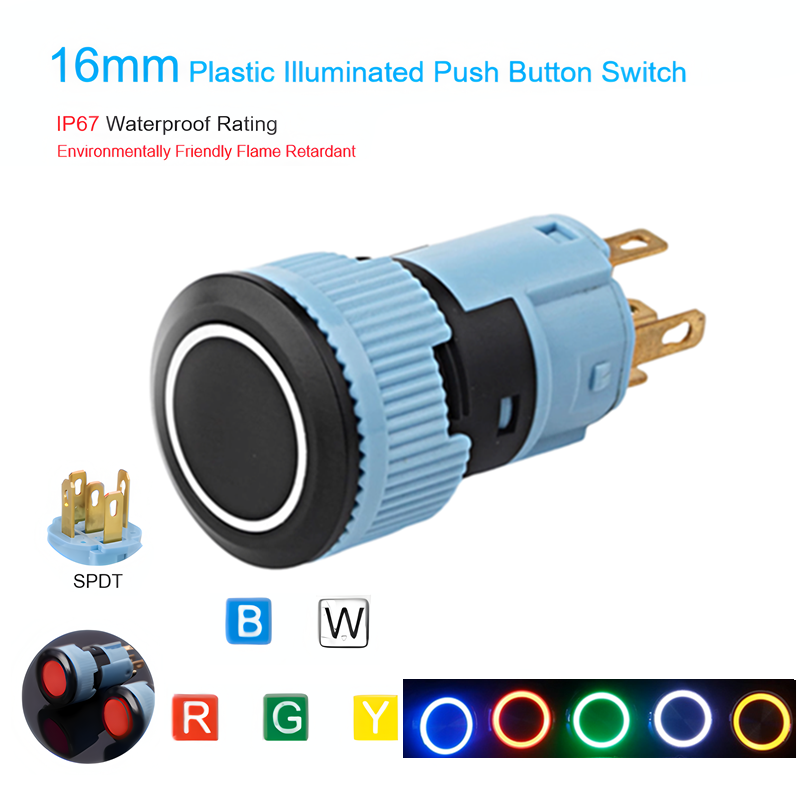 16mm Black Plastic Flat Ring Push Button Switch LED Illuminated Self-L ...
