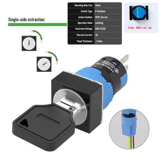 16mm Square Key Switch Maintained Type 2 or 3 Positions Normally Open ...