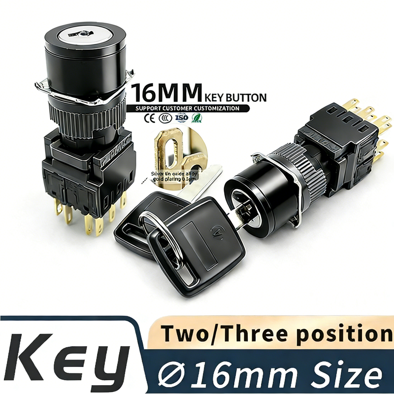 16mm Round Head DPDT 5A 250V Keyed Rotary Switch 2/3 Position Locking ...