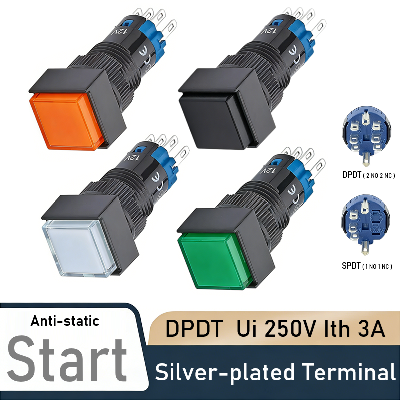 12mm SPDT DPDT IP40 3A 250V Illuminated Push Button Switch Square Plas ...