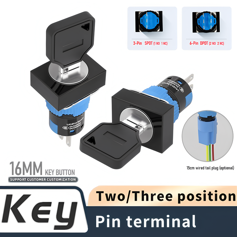 16mm Rectangular Key Switch Maintained Type 2 or 3 Positions Normally ...