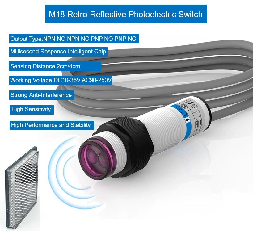 M18 Cylindrical Retro-Reflective Sensor Photoelectric Switch DC Tri-Wi ...