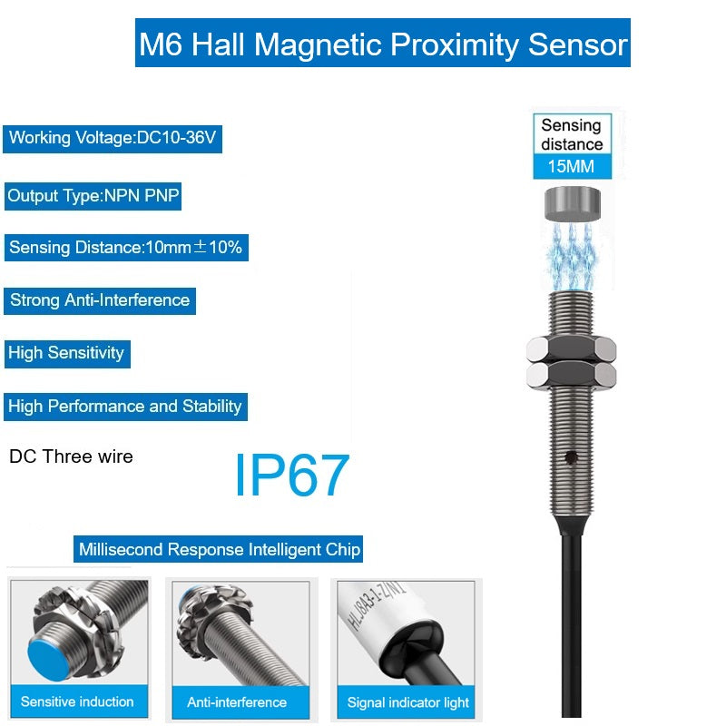 M 6 Hall Magnetic Proximity Switch NC Sensor Tri-wire NPN NO Magnetic ...