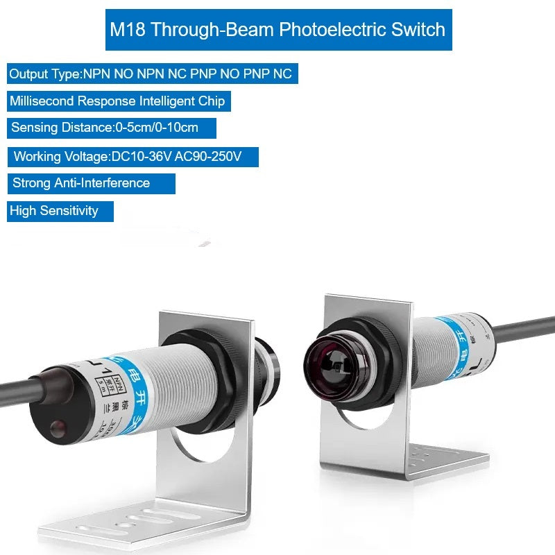 M18 Cylindrical Through-Beam Sensor Photoelectric Switch DC Tri-Wire N ...