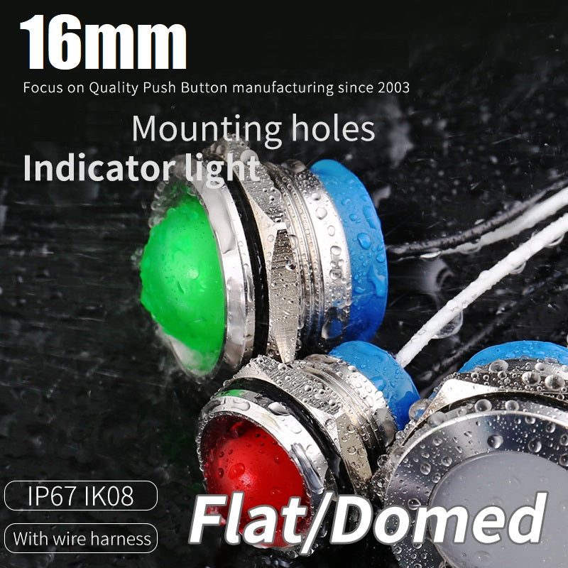 16mm metal LED indicator Big domed head stainless steel 12V IP67 indic ...