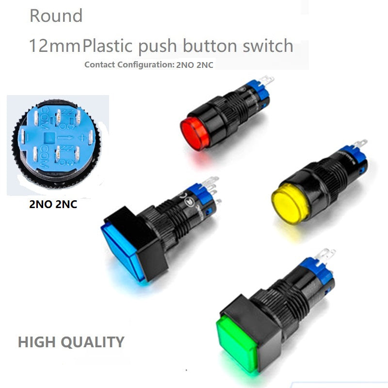 12mm 2NO 2NC Blue LED Illuminated ON/OFF Round Plastic Push button Swi