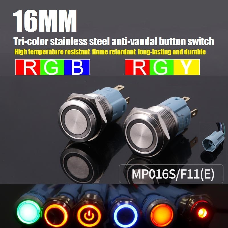 16mm Tri-color Flat Head+Ring LED 1NO 1NC IP67 3A 304 Stainless steel ...